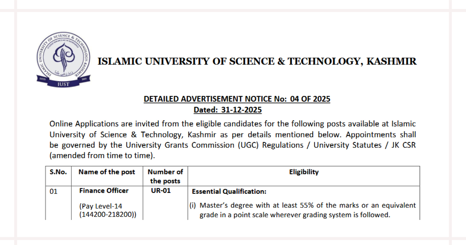 IUST Kashmir Non-Teaching Recruitment 2026, Check Post Names ...